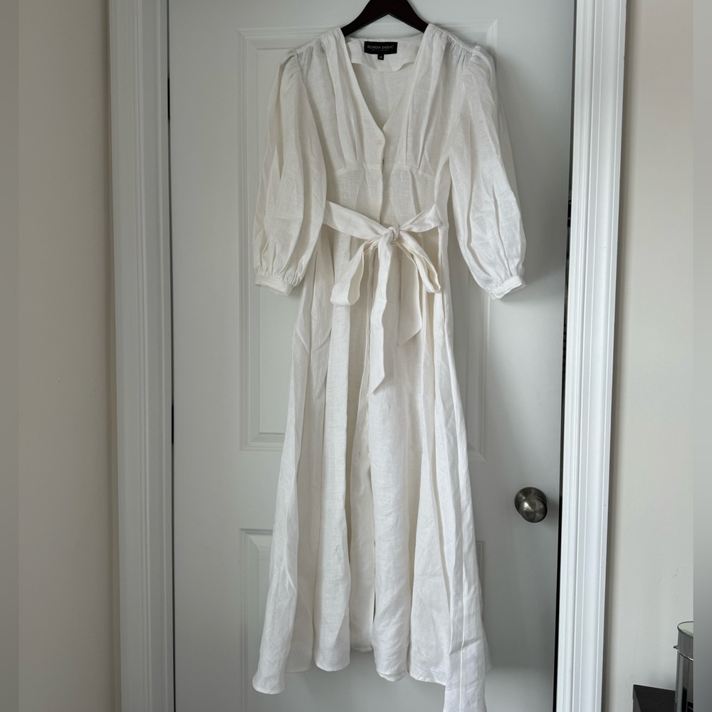Behida Dolic White French Linen Dress With Poet Sleev… - Gem